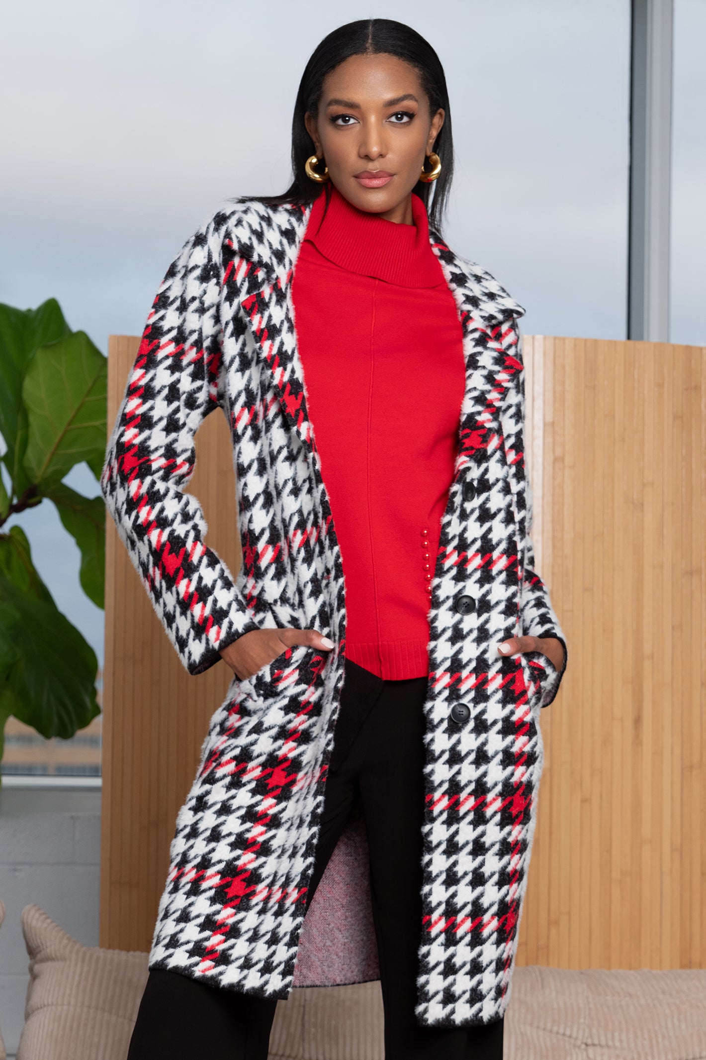 Alison Sheri A46433 Black White Red Houndstooth Pattern Knit Coat ...
