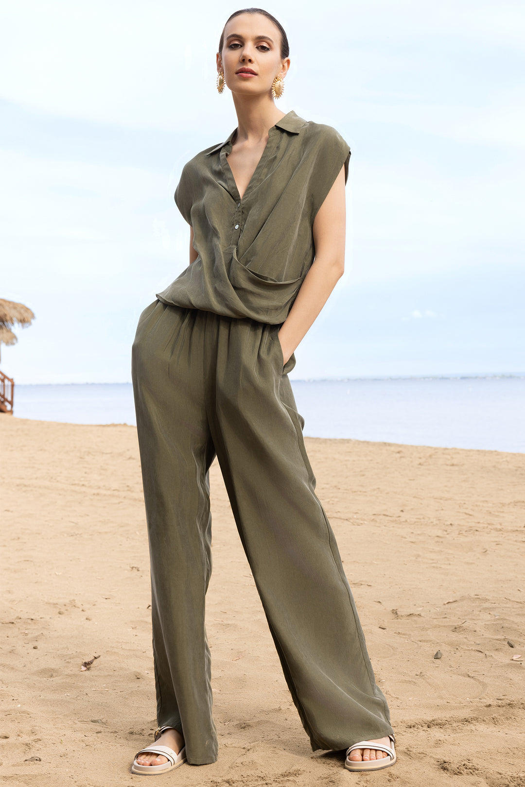 Alison Sheri A47375 Khaki Ruched Cap Sleeve Blouse – Rouge Boutique ...