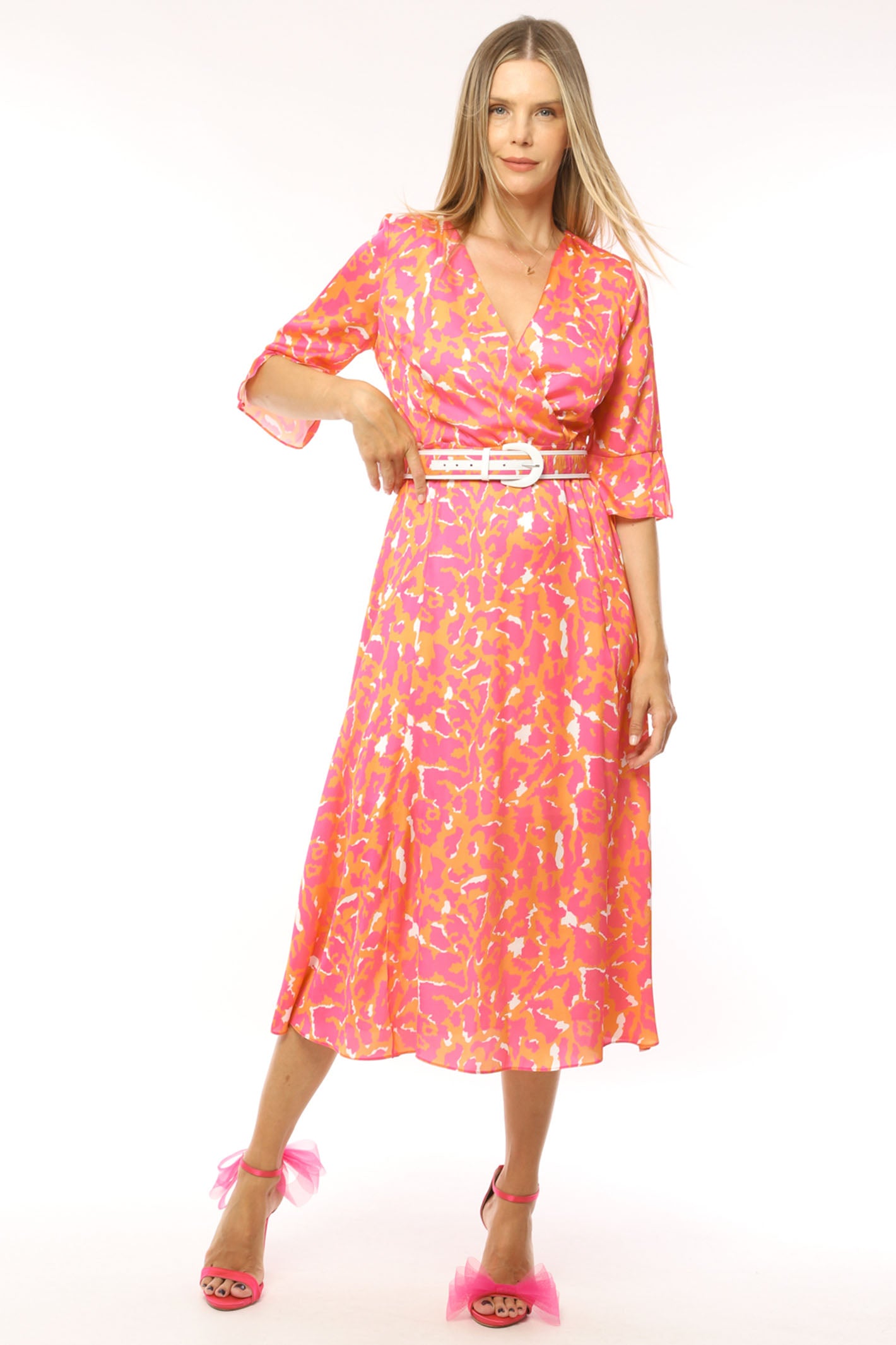 Ella Boo 2300-32 Hot Pink Orange Wrap Bust Midi Occasion Dress – Rouge ...