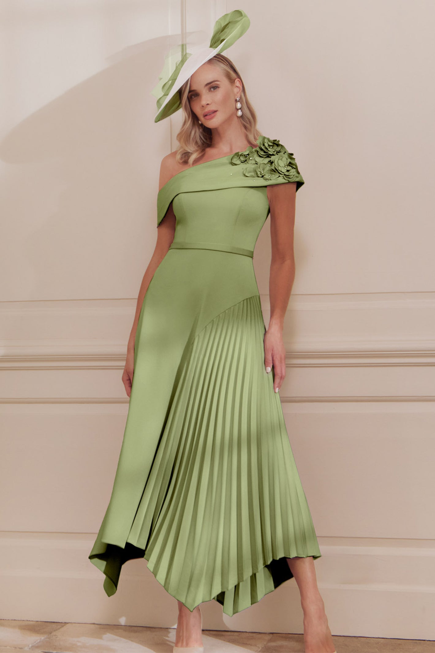 John Charles 29362A Fern Green Pleated Skirt A-Line Midi Occasion Dres ...
